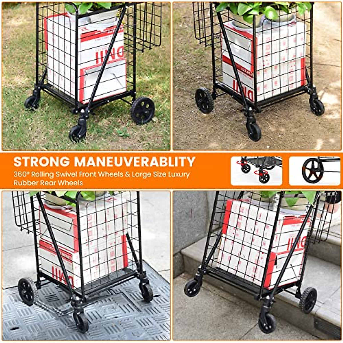 [2023 Upgrade] Shopping Cart with 360°Swivel Wheels,Waterproof Liner, Double Basket,Portable Foldable Grocery Cart, Folding Utility Shopping Carts for Seniors,Groceries,Laundry,Transport