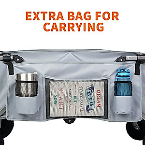 FRITIGA Collapsible Wagon Cart, with Side Bag - Folding Beach Wagon for Sand, Heavy Duty Foldable Utility Shopping Carts on Big All-Terrain Wheels, Outdoor Garden Portable Wagon