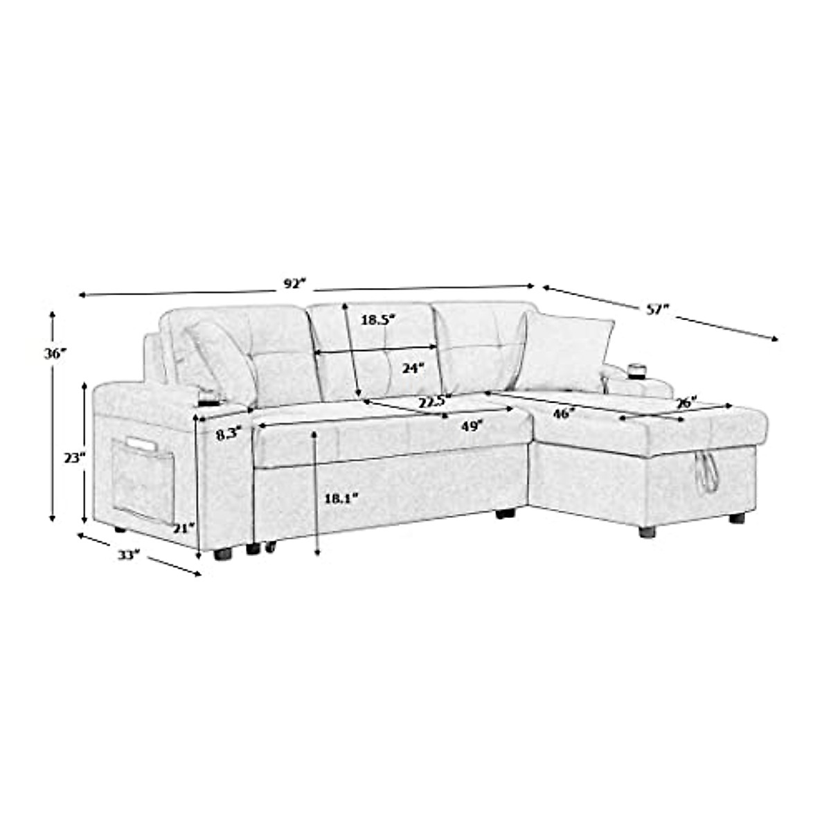 BIADNBZ Reversible Sectional Sleeper Sofa Bed L-Shaped Couch for Living Room/Apartment, with Storage Chaise, Side Pockets &Cup Holders, Dark Gray