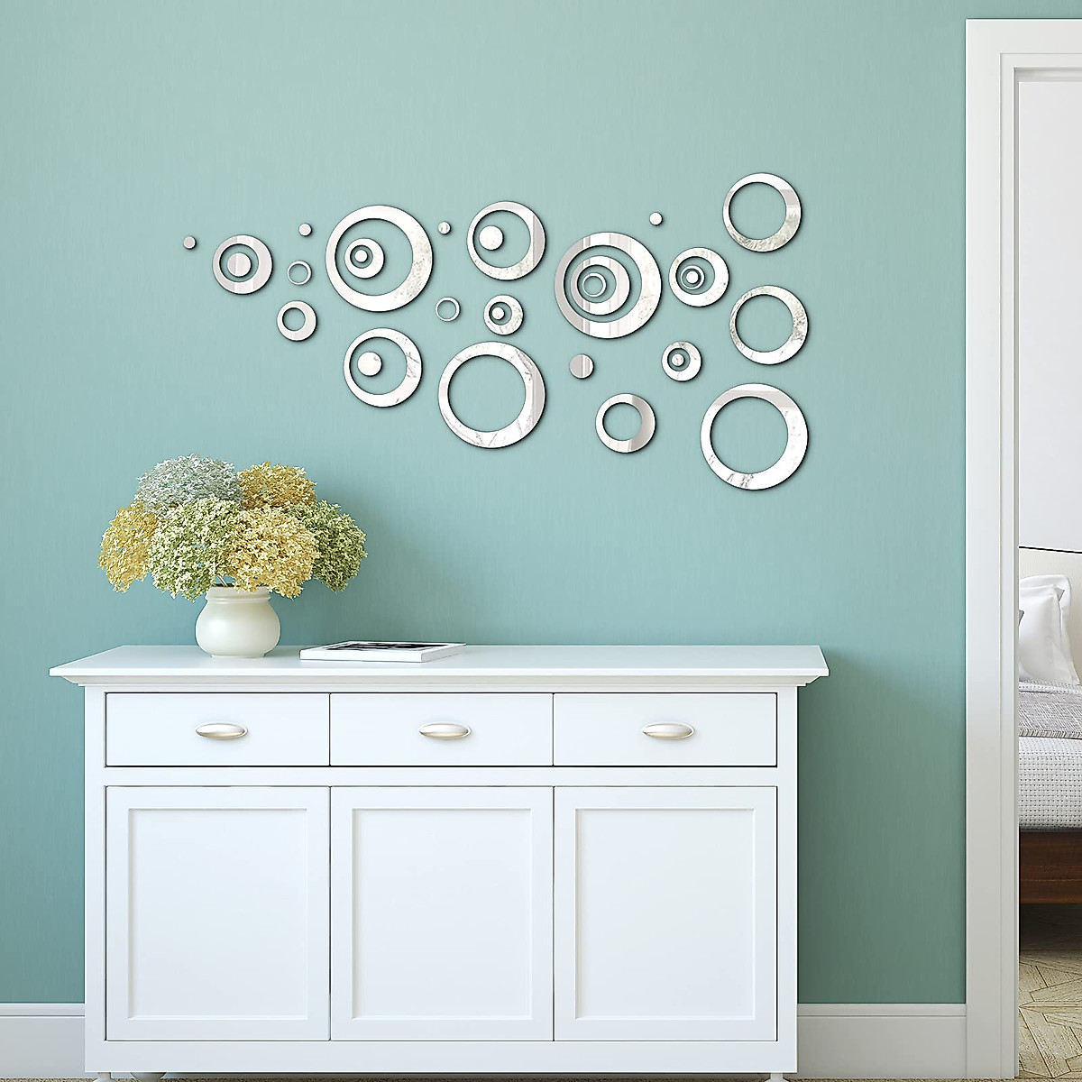32 Pieces Removable Circle Wall Mirror Sticker Round Decal Acrylic Setting for Home Living Room Bedroom Decor, 1.5-13.5 cm(Silver)