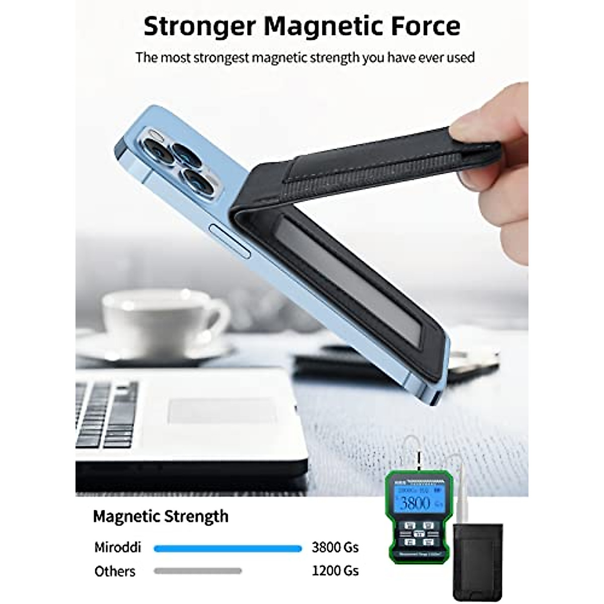 Miroddi for MagSafe Wallet Stand - Magnetic Phone Wallet with Adjustable Stand, Magnetic Wallet Card Holder for iPhone 15/14/13/12 Series, Open ID Window, Fits 9 Cards, Vegan Leather, Black