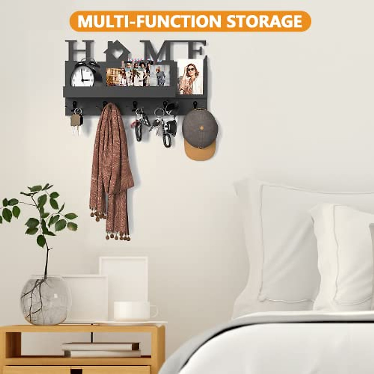 Warmodern Key Holder for Wall, Black Mail Organizer Wall Mount with 5 Double Key Hooks and 1 Locating Plate House Decor for Hallway, Room(15.74" x8.27 x3.74)