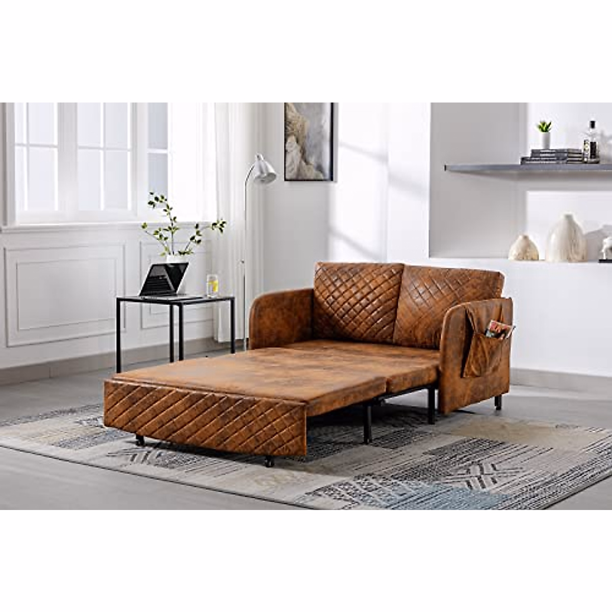 VKKILPEE Modern Pull Out Sofa Bed Convertible Couch Bed Sofa Sleeper with 2 Pillows & Side Pockets Microfiber Small Full Bed Loveseat Futon Couch Sleeper with Headboard, Easy Assembly, Coffee