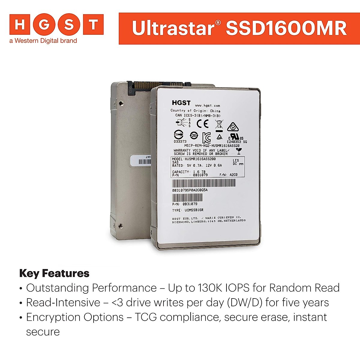 HGST Ultrastar SSD1600MR | HUSMR1616ASS200 | 0B31079 | 1.6TB SAS 12Gb/s 2.5" Inch MLC NAND | 130K / 30K IOPS random R/W | T10 End-To-End Data Protection | Enterprise Solid State Drive SSD