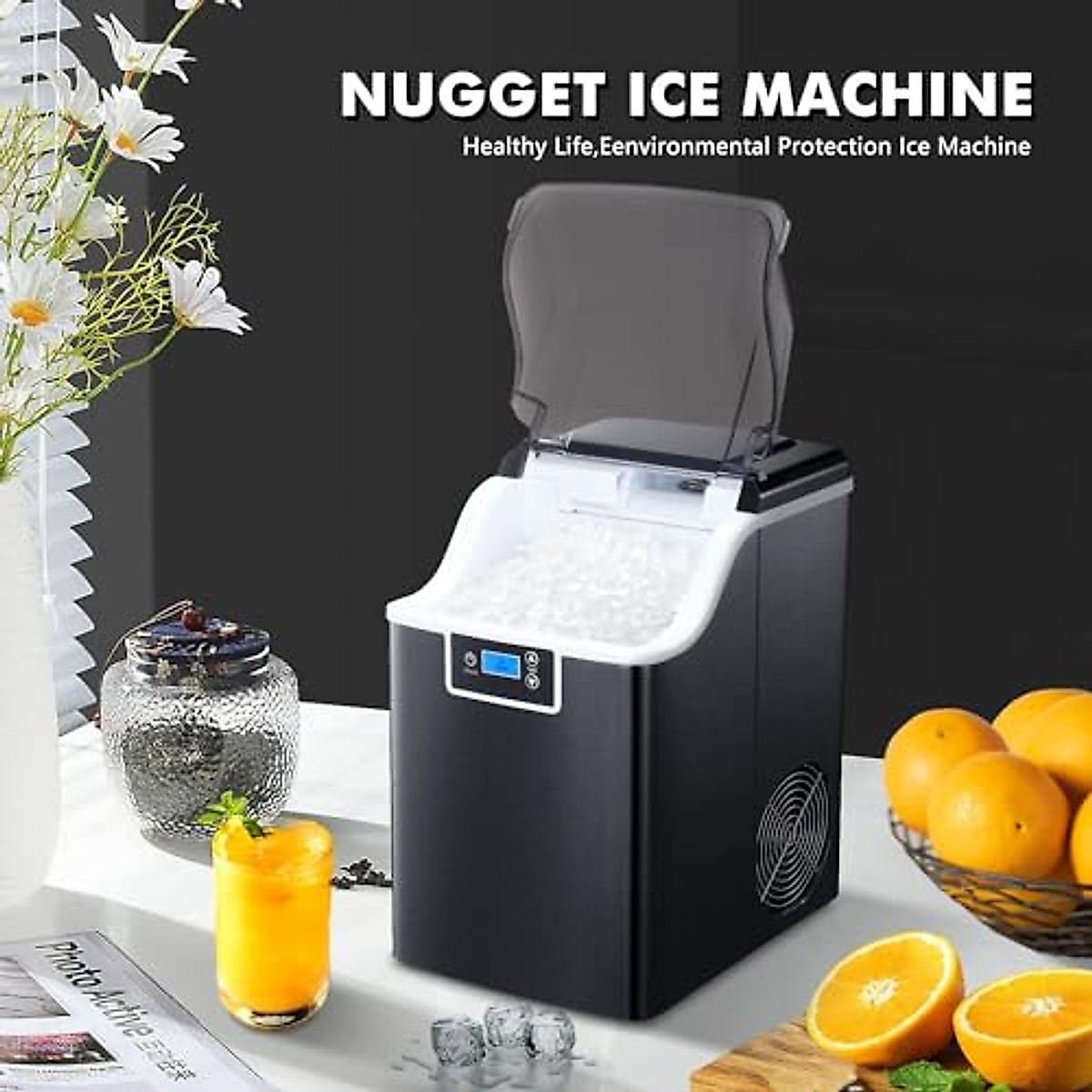 Nugget Ice Maker Countertop Ice Machine with Soft & Chewable Pellet Ice Portable Self-Cleaning Compact Ice Machine, 44LBS/24H Whit Ice Scoop and Ice Basket Decor for Your Kitchen/Office/Bar/Party