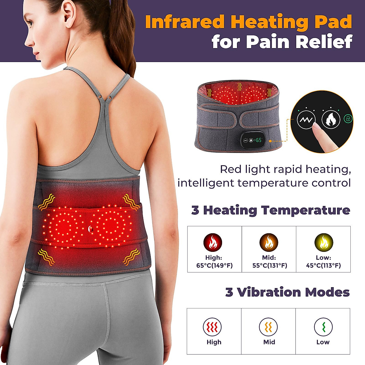 Cordless Heating Pad for Back, Lower Back Massager, Heated Back Brace with 3 Heating & Vibration Modes, Lumbar Support Belt for Men & Women