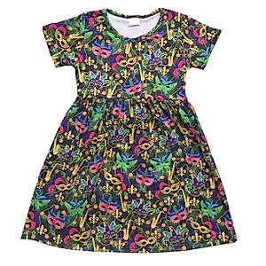 Baby Girl Kids Mardi Gras Carnival Dress with Mardi Gras Face Masks Print (7t) Black