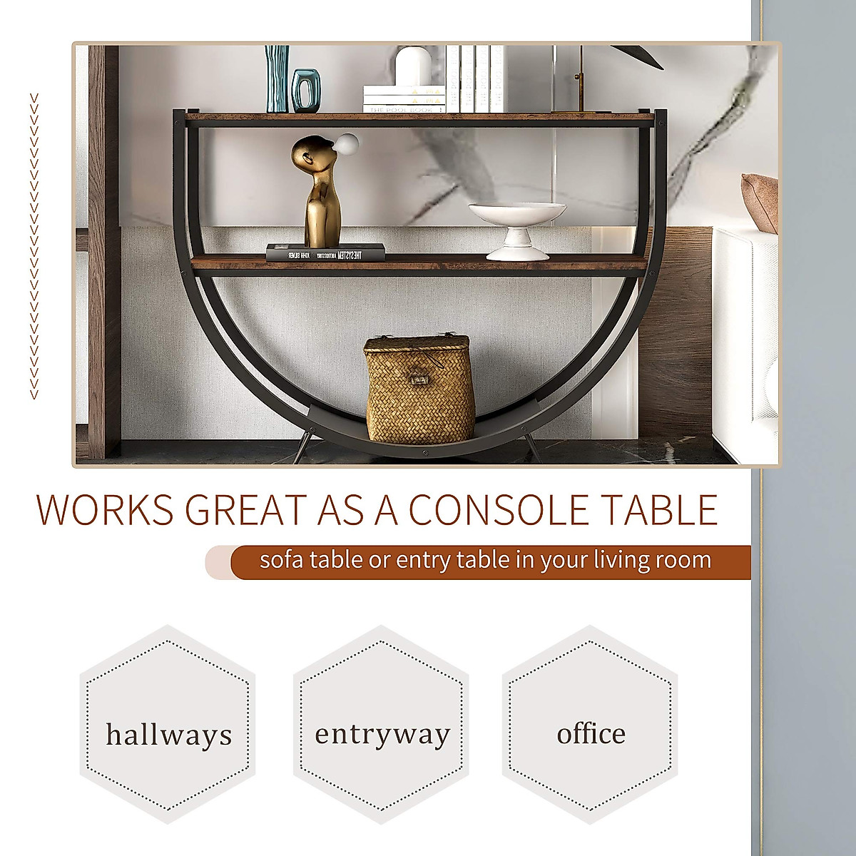 GINGVAT Console Table Demilune Shape Textured, Retro Style Fashion Furniture Metal & Wood Frame, Distressed Brown