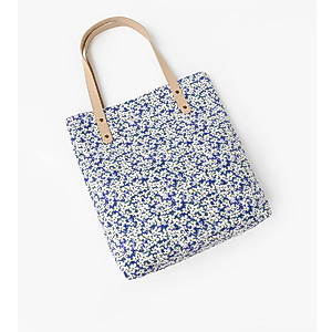 Jeelow Floral Cotton Canvas Tote Handbag with Vegan Leather Handles for Women - Lightweight Shoulder Bag Purse Snap Closure (Blue)