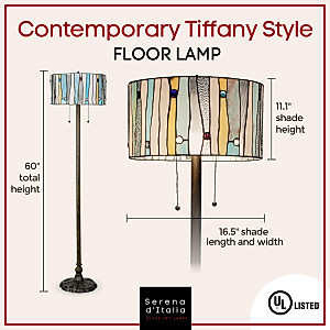 Serena D'italia Tiffany Style Lamps, Blue Contemporary Floor Lamp, Mosaic Stained Glass Lamp and Bronze Finish Base, Double Pull Chain (Blue, White, Yellow)