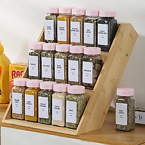 GMAMXD 24 Glass Spice Jars with Labels,Spice Jar Set,4oz Seasoning Containers,Spice Containers with Pink Airtight Lids and Shaker Lids,Square Empty Spice Bottles, 492 Labels,2 Marker Pens,1 Funnel