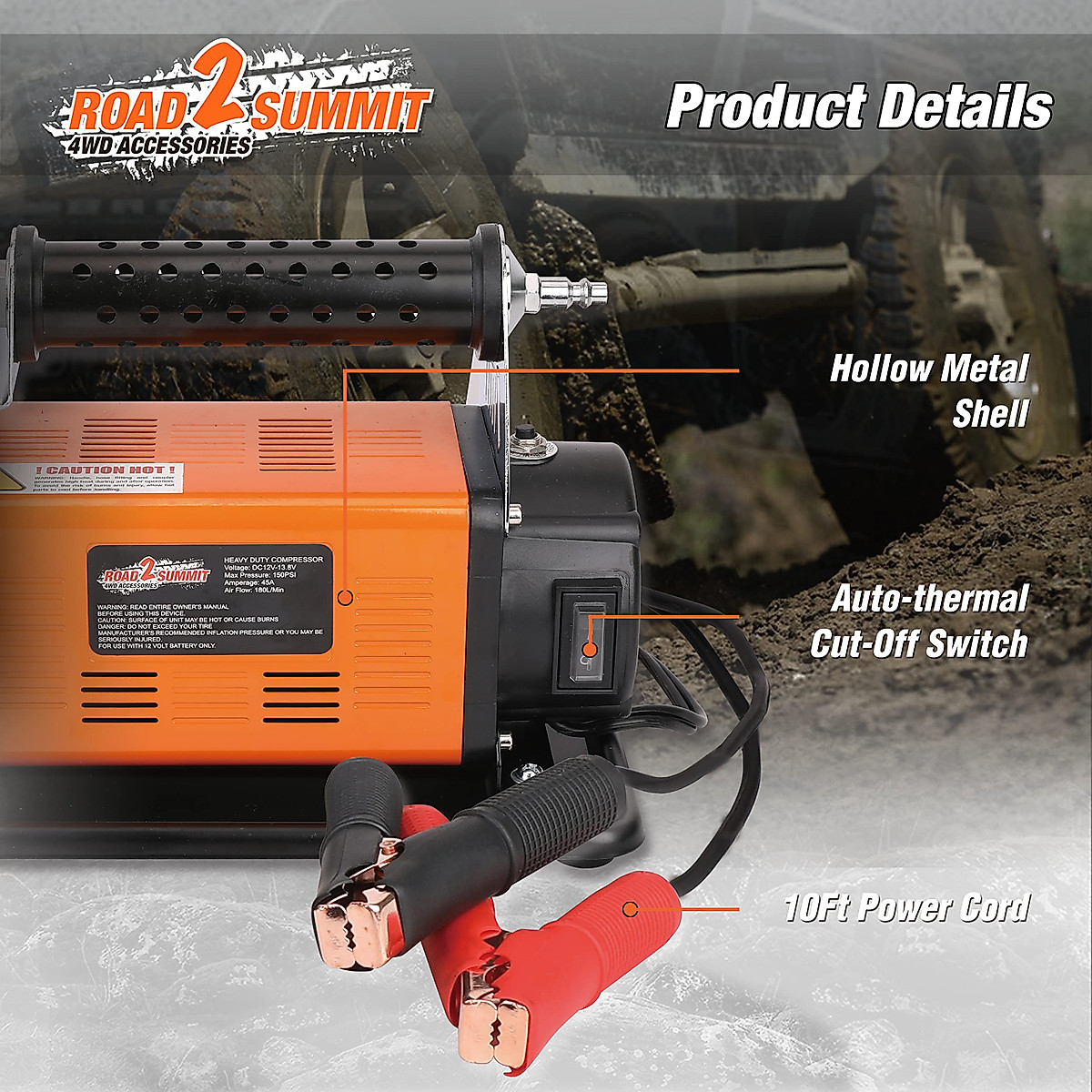 Heavy Duty Portable 12V Air Compressor Kit Inflate 6.35CFM (180L/ Min), Max 150PSI, Off-Road Air Compressor Kit for 4x4 Vehicle RV, Air Pump for ATVS Tire, for Car and SUV Tire, ROAD2SUMMIT