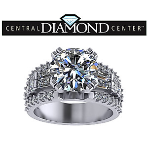 Central Diamond Center Sterling Silver Round & Baguette Engagement Ring with a 9.00mm - 3.00ct Round Center Stone - Size 4.5