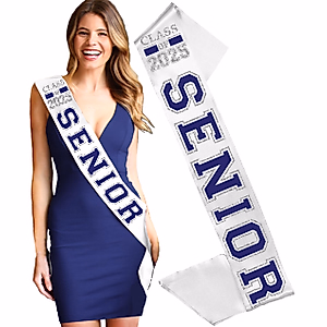 Senior Sash 2025 - PREMIUM GRADE SATIN Navy Blue with Silver Outline Class of 2025 Senior White Satin Sash - UNISEX Senior Night Supplies and Gifts - White Sash (ClsOf25 NVY w/SLV) WHT