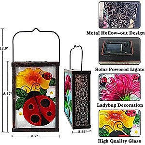 SUBOLO Hanging Solar Lantern Outdoor Garden Metal Glass Ladybug Pattern LED Light Solar Powered Waterproof Landscape Table Lamp for Patio, Yard and Pathway - 1 Pc