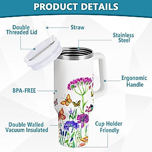 ODAWA 40 Oz Wildflower Butterflies Stainless Steel Insulated Tumbler with Handle and Straw Travel Insulated Tumblers