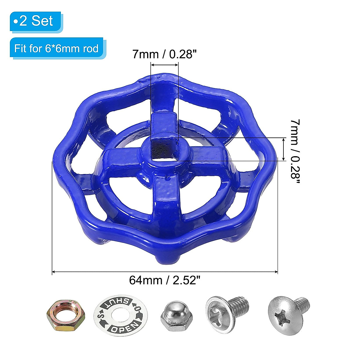PATIKIL Outside Faucet Handle Square Stem Hole 7x7mm, Cast Steel Faucet Round Wheel Handle Replacement Water Spigot Handle with Screws Spacer, Blue,2Pcs