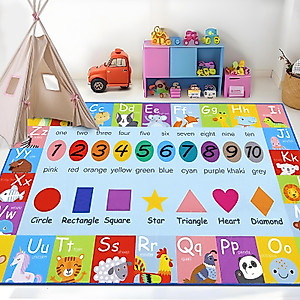 HEBE Kids Play Rug 3'4"x5' ABC Alphabet Numbers Shapes Educational Kid Area Rug Washable Baby Crawling Mat Non Slip Kid Play Mat Carpet for Girl Boy Bedroom Playroom