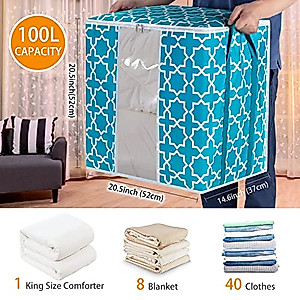 PFFVRP Storage Bags 100L 6-Pack, Blanket Clothes Organization with Reinforced Handle and Clear Window, Foldable with Sturdy Zipper, Large Capacity Comforter Storage Bag(Blue)