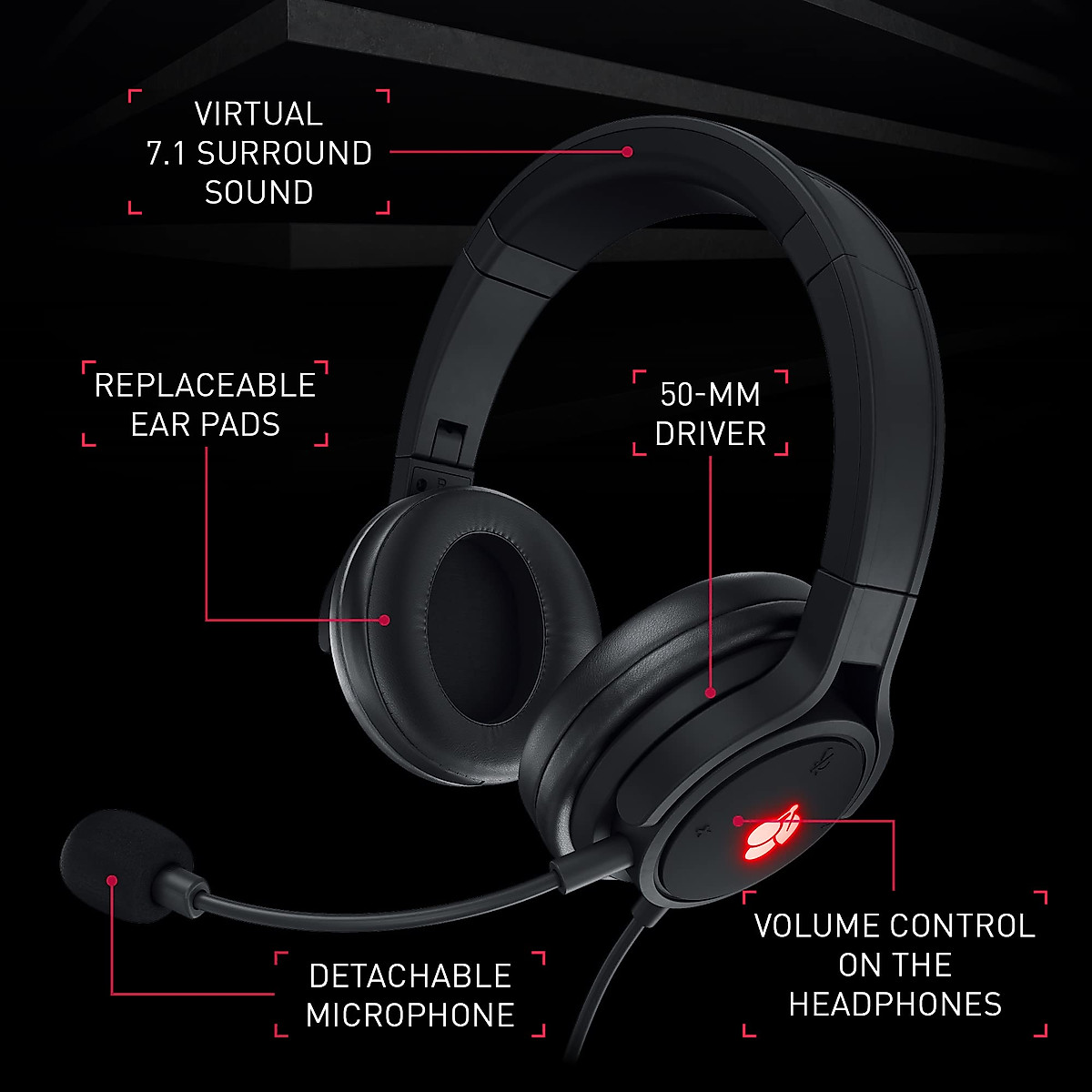 Cherry HC 2.2 Wired Headset for Gaming & Multimedia USB 7.1 Surround Sound Detachable Microphone Black 7 Foot Long Cord.