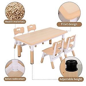 UNICOO Kids Study Table and Chairs Set, Height Adjustable Plastic Children Art Desk with 4 Seats, Kids Multi Activity Table Set (Maple Top + Nature Board)