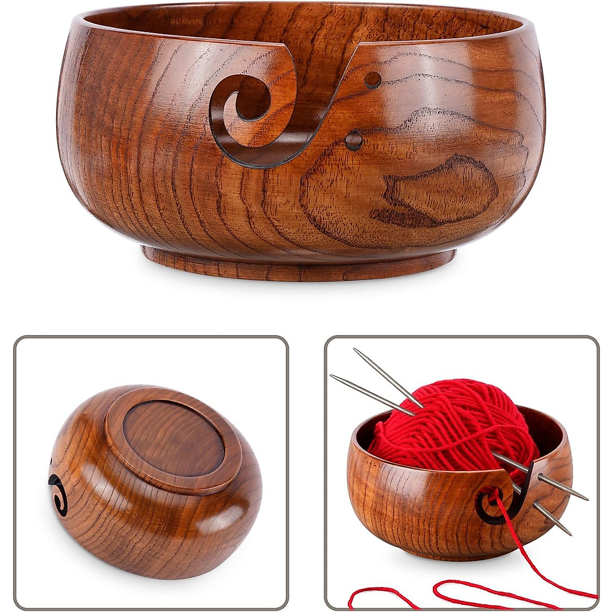 Wooden Yarn Bowl with 8Pcs Metal Crochet Hooks, Knitting Yarn Bowl with Holes Storage Handmade to Prevent Slipping, Perfect Yarn Holder Bowl for Crocheting and Knitting Mother's Day Gift 6" x 3"