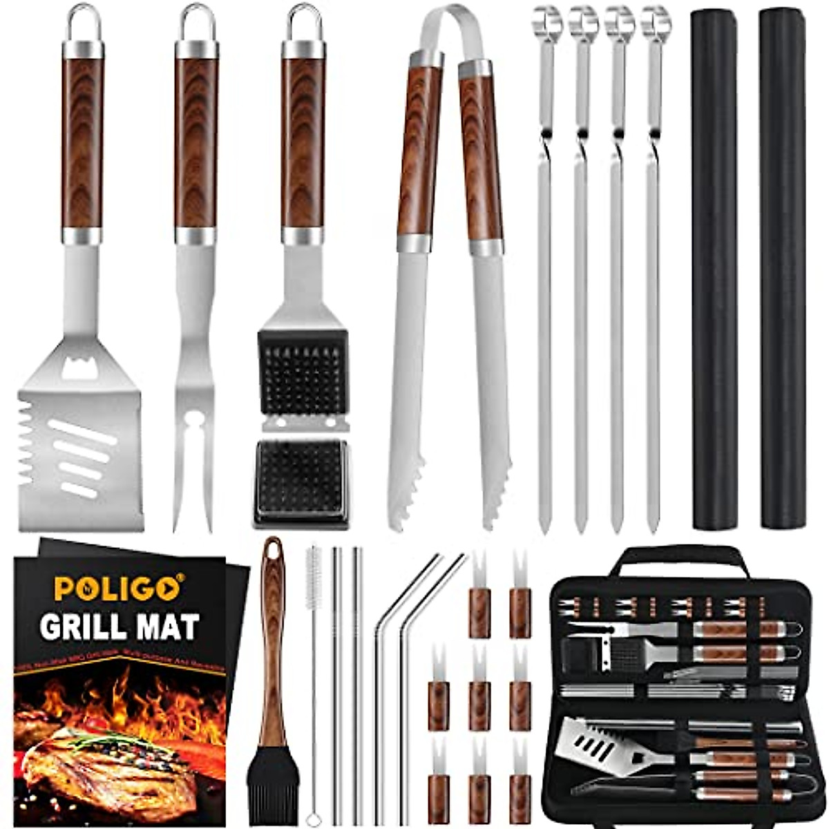 POLIGO 26PCS Grill Utensils Set for Outdoor Grill Set Stainless Steel BBQ Grill Accessories in Case - Premium BBQ Tools Grilling Tools Set Ideal Birthday Father's Day Grilling Gifts for Men Dad Women