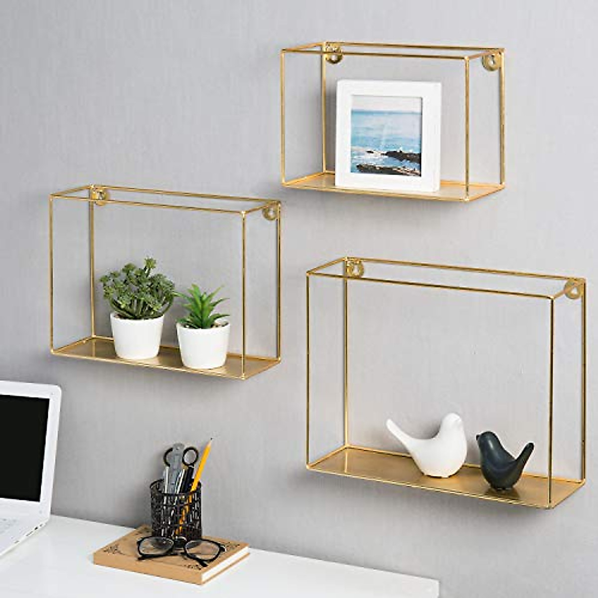 MyGift Wall Mounted Floating Shelf Display Organizer with Brass-Tone Metal Wire Frame, Set of 3 - Handcrafted in India