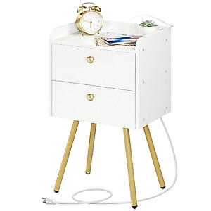 HOOBRO Nightstand with Charging Station, Modern Side Table with 2 Drawers, Stylish Sofa Side Table, Multiple Charging Ports, Metal Legs, Sofa Bedside Table, for Bedroom, White and Gold DW89UBZ01G1
