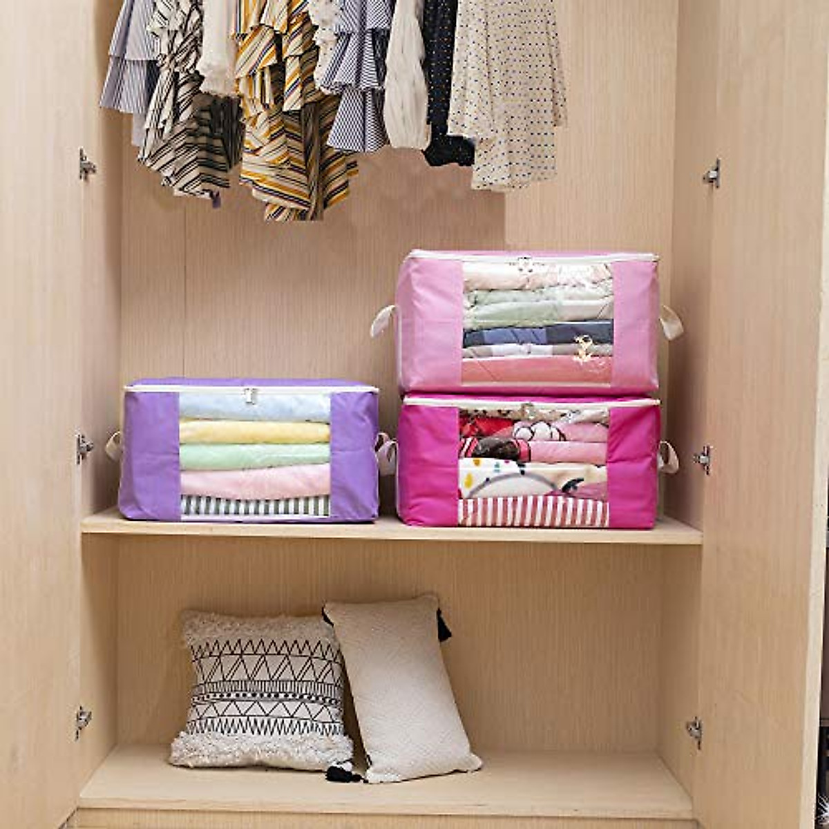 YueYue 2pack large capacity organizer storage bag,sturdy zipper Storage containers bags with reinforced handle, storage bag clothes blankets comforters clear window