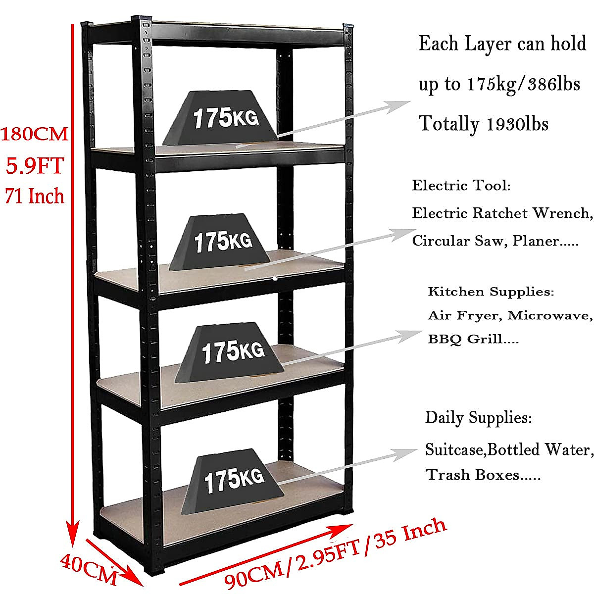 5 Tier Shelving Unit, Adjustable Heavy Duty Garage Shelves|Multi-Use Utility Shelf with 1930 Large Capacity for Office,Home,Garage--71 Inch Height