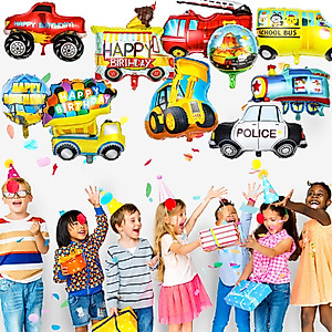 10 Pieces Transportation Birthday Party Decoration for Boys Car Balloons Ice Cream Cart School Bus Fire Truck Train Police Bulldozer Pickup Truck Truck Oval Balloons Foil Balloons