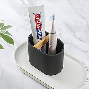 rejomiik Thick Resin Toothbrush Holders Bamboo Tooth Brushing Holder for Bathroom Countertop, Tooth Brush Storage Organizer Stand for Holds Toiletries and Beauty Accessories, Toothpaste, Razor, Black