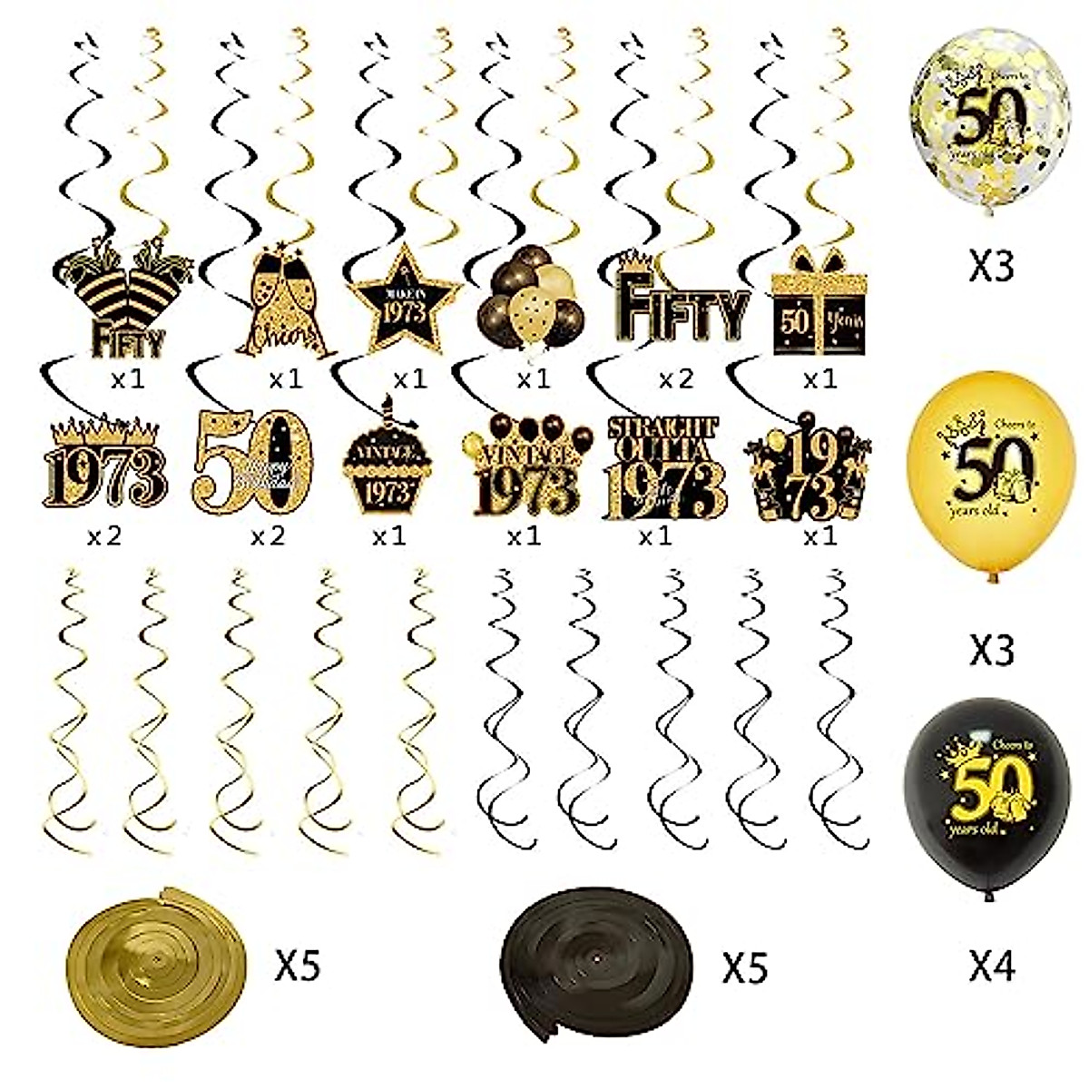50th Birthday Decorations for Women and Men,50PCS Birthday Decorations Black Gold Party Supplies Hanging Swirls for Men Women, 50 Years Old Birthday Ceiling Hanging Decor with 10 Balloon (50th)