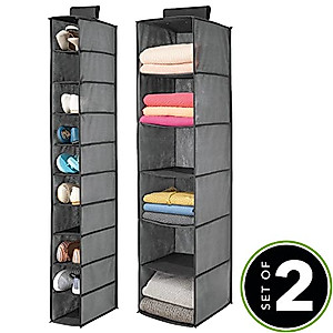 mDesign Fabric Over Rod Hanging Closet Storage Organizers, Includes a Wide 6-Shelf Sweater Organizer, and a Narrow 10-Shelf Shoe Rack - Textured Print - Set of 2 - Charcoal Gray/Black