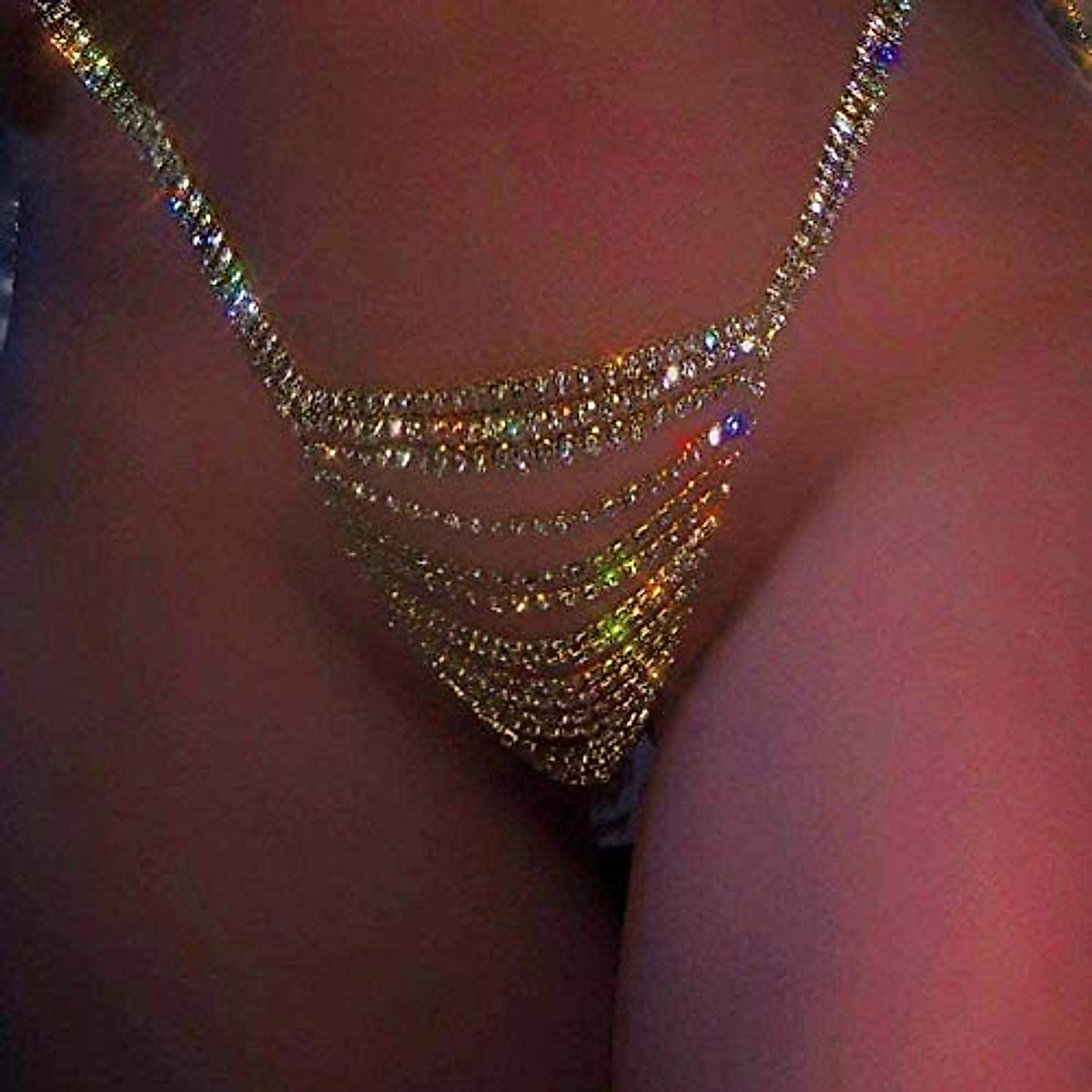 Sexy Rhinstone Underwear Thong Panties Crystal Body Chain Jewelry Bikini Crystal Belly Waist Body Chain For Women (Gold)