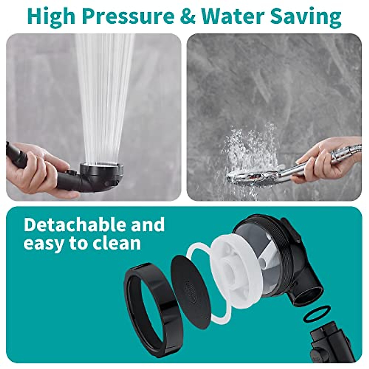 MIAOHUI Modern Handheld Shower Head with On/Off Switch, 3 Spray Settings, Removable Shower Head with Hose, Angle Adjustable Shower Bracket, Teflon Tape, Black