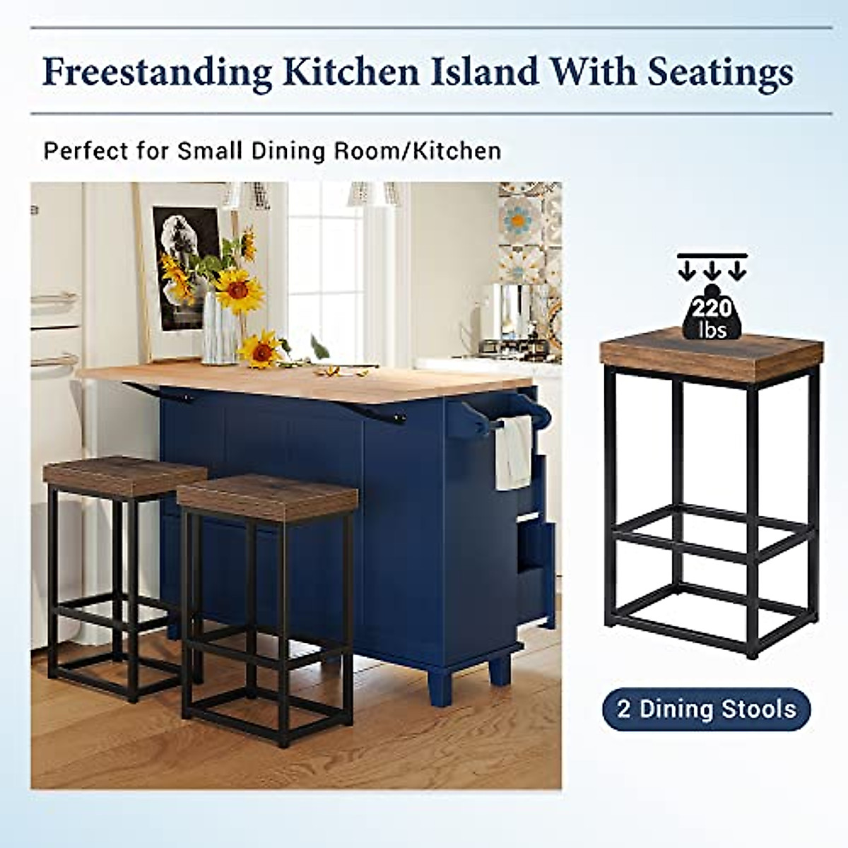 CKLMMC Farmhouse Kitchen Island Set with 2 Stools and Drop Leaf Dining Table with Storage Cabinet, Drawers and Towel Rack for Small Place (Blue+Black+Brown*)