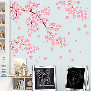 RW-045 Giant Pink Peach Blossom Wall Decals Plum Flowers Tree Branches Wall Stickers DIY Removable Cherry Floral Trees Petals Wall Decor for Kids Girls Bedroom Living Room Nursery Office Decoration