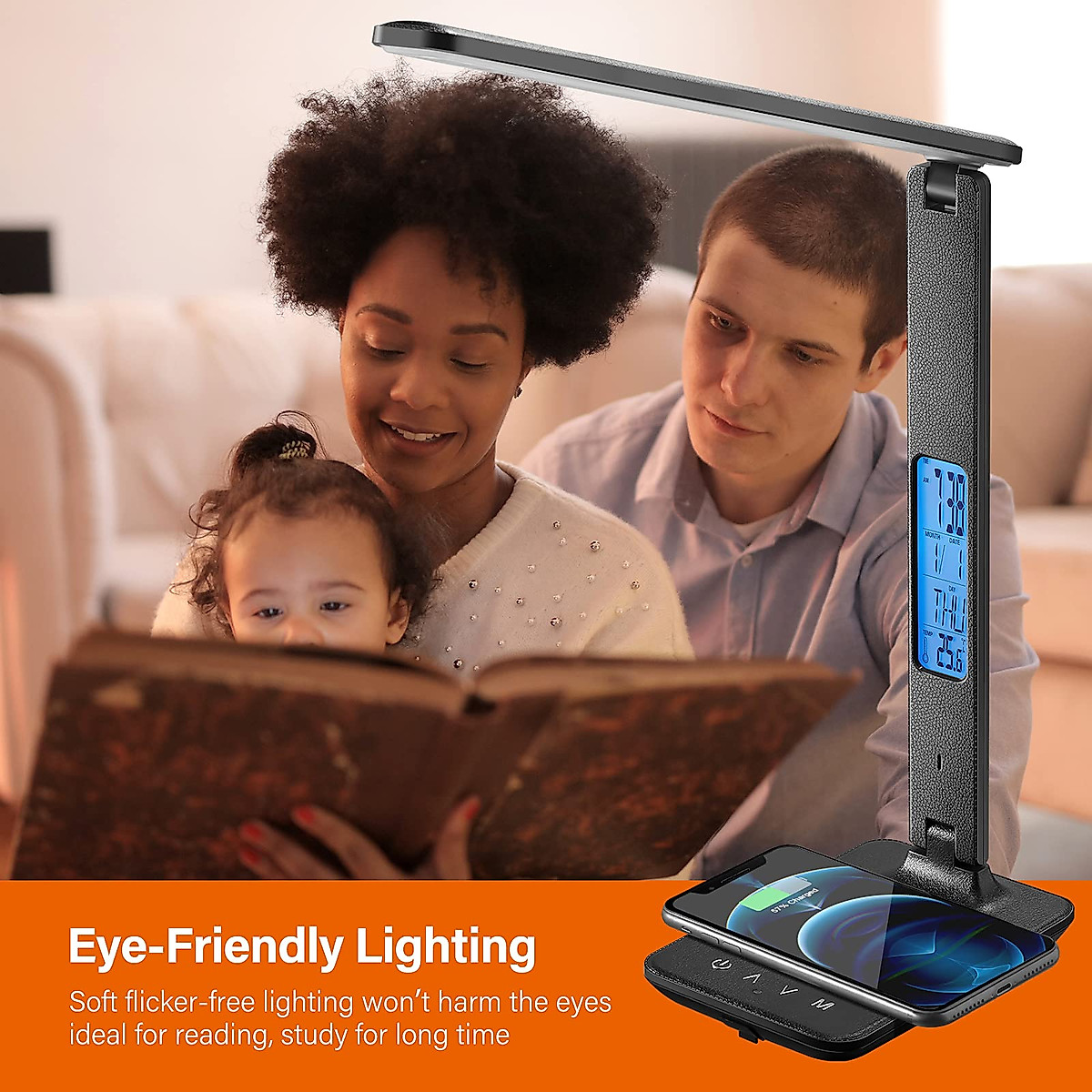 poukaran Desk Lamp, LED Desk Lamp with Wireless Charger, USB Charging Port, Table Lamp with Clock, Alarm, Date, Temperature, Office Lamp, Desk Lamps for Home Office,Black