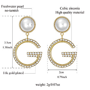 G Initial Stud Earrings Pearl Letter Drop Earrings 14K Gold Plated 925 Sterling Silver Post Cubic Zirconia Earrings for Women Girls