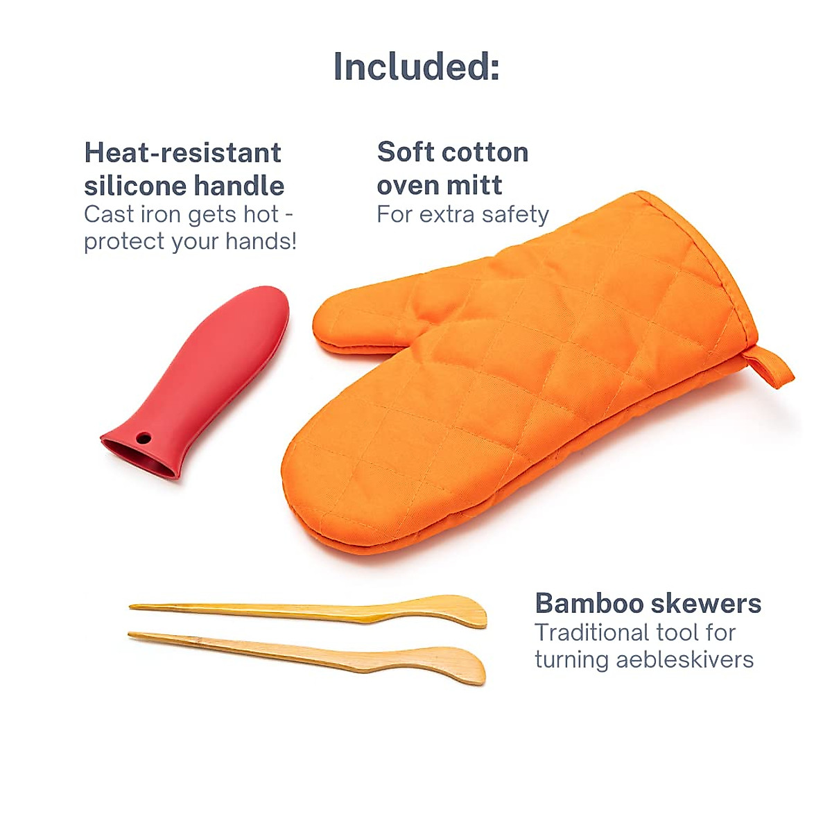 KUHA Cast Iron Aebleskiver Pan for Authentic Danish Stuffed Pancakes - Complete with Bamboo Skewers, Silicone Handle and Oven Mitt