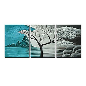 iKNOW FOTO 3pcs Grey and Teal Canvas Wall Art Abstract Cloud Tree Pictures Contemporary Landscape Giclee Artwork Painting Decorative Panels for Walls Bathroom Master Bedroom Decor 12x16inchx3pcs