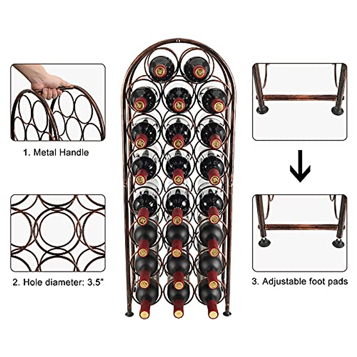 PAG 23 Bottles Arched Freestanding Floor Metal Wine Rack Wine Bottle Holders Stands, Antique Brown