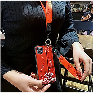 for iPhone 13 Pro Max Case Girl Woman Design,Luxury Glitter Cute Flower Slim TPU Bumper Cover with Loopy Ring,Foldable Wrist Strap Stand Phone Case with Neck Lanyard for iPhone 13 Pro Max 6.7'' Red