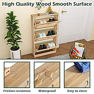 HOPUBUY Shoe Cabinet for Entryway, Narrow Shoe Storage Cabinet, Hidden Rattan Shoe Cabinet Wood 3 Tier Slim Shoe Rack for Home and Apartment, Nature