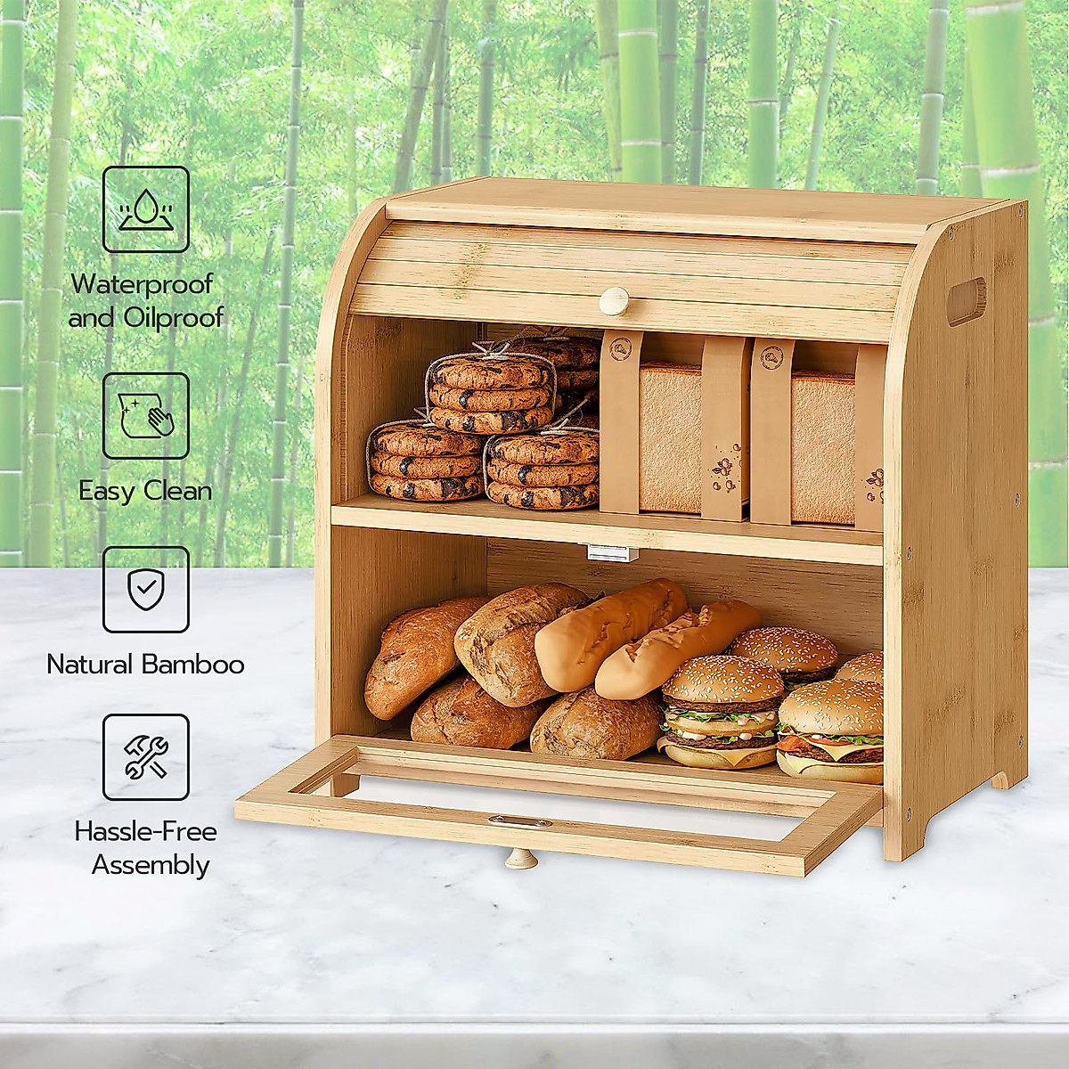 HOOBRO Bread Box, Bamboo Bread Box for Kitchen Countertop, 2 Tier Roll-Top Bread Bin, Food Storage Box, Large Capacity Keeper, Wooden Storage Cabinet, for Kitchen, Dining Room, Natural YL13MB01