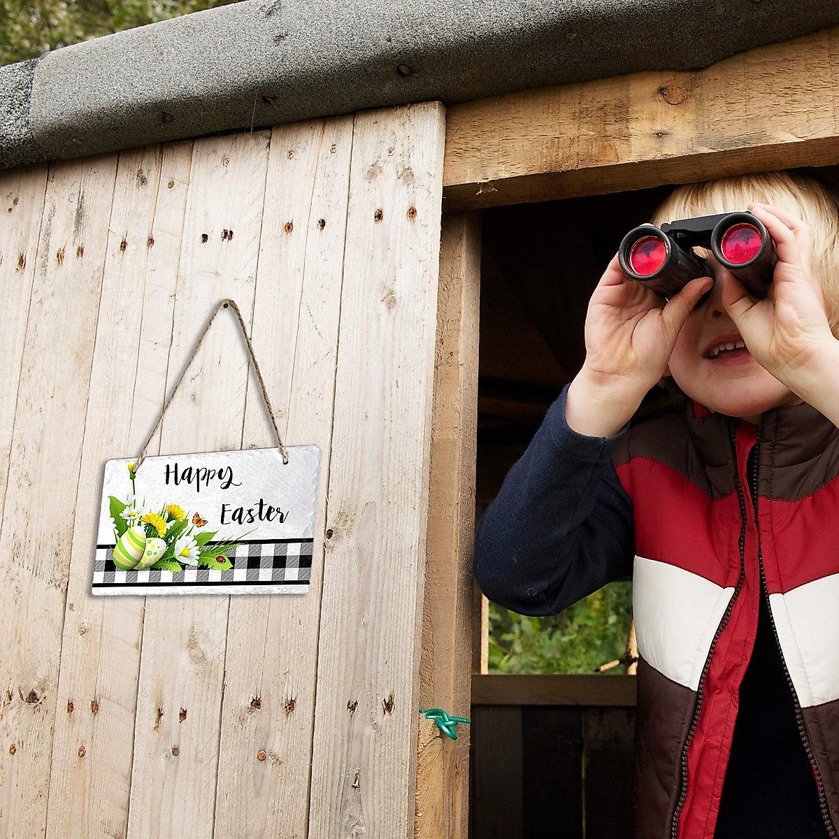 Easter Hanging Wall Sign, Decorative Slate Signs with Rope, Hanging Door Plaque for Porch/Entryway/Outdoor/Garden Home 5x8inch, Easter Eggs Flowers Leaves Butterflies Black and White Plaid