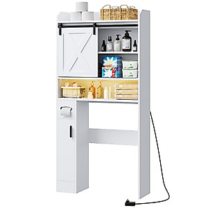 YITAHOME Over The Toilet Storage Cabinet, Farmhouse Storage Cabinet with Sliding Door, Infrared Sensor Light, Home Space-Saving Toilet Rack for Bathroom, Restroom, Laundry, White