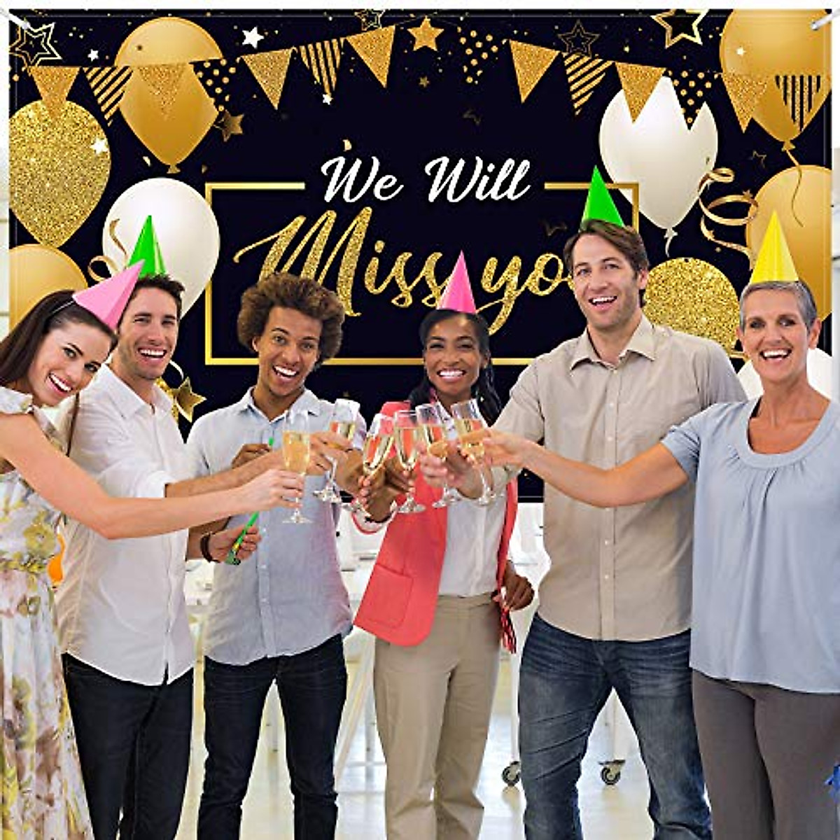 We Will Miss You Party Decorations, Extra Large Going Away Party Backdrop Miss You Photography Background Banner for Farewell Anniversary Retirement Graduation Party, 72.8 x 43.3 Inch (Black, Gold)